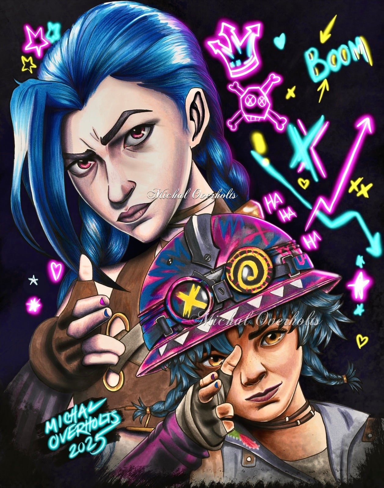 Jinx and Isha Full Color Drawing Print – Art By Michal Overholts